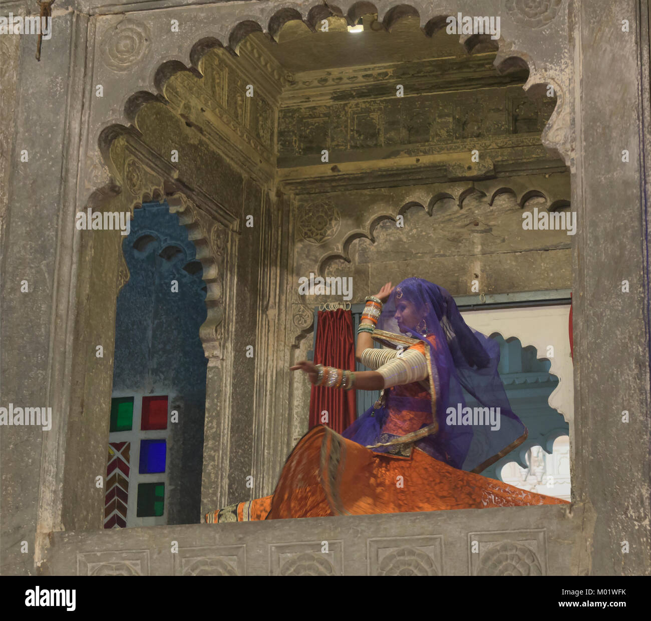 Woman performing the traditional veiled Ghoomar dance, Udaipur ...