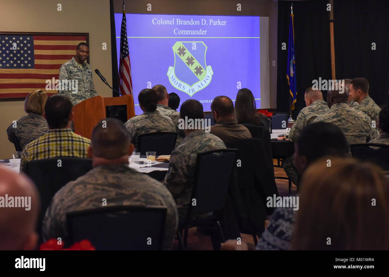 U.S. Air Force Col. Brandon Parker, 7th Bomb Wing commander, speaks at ...