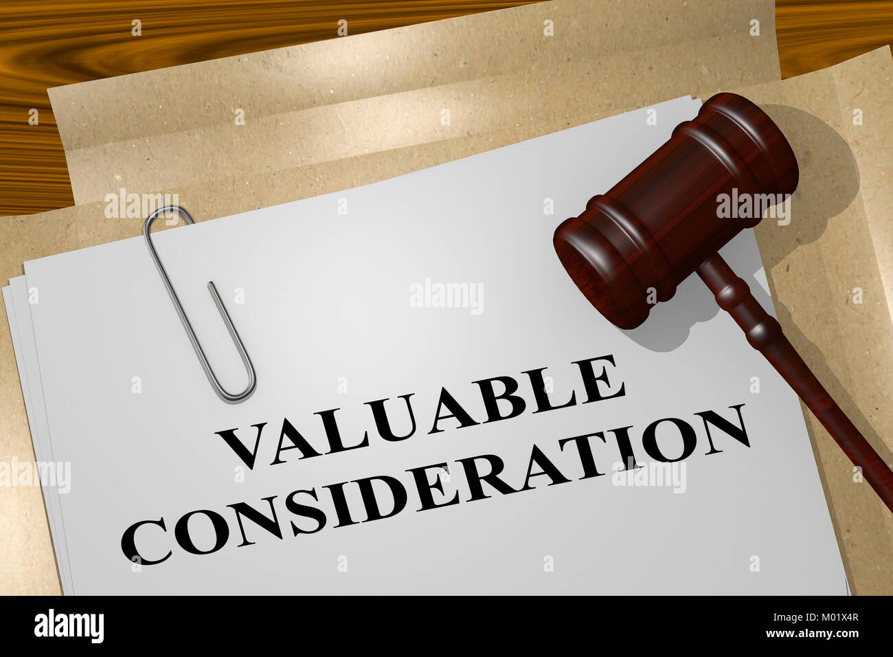 3D illustration of VALUABLE CONSIDERATION title on legal document Stock ...