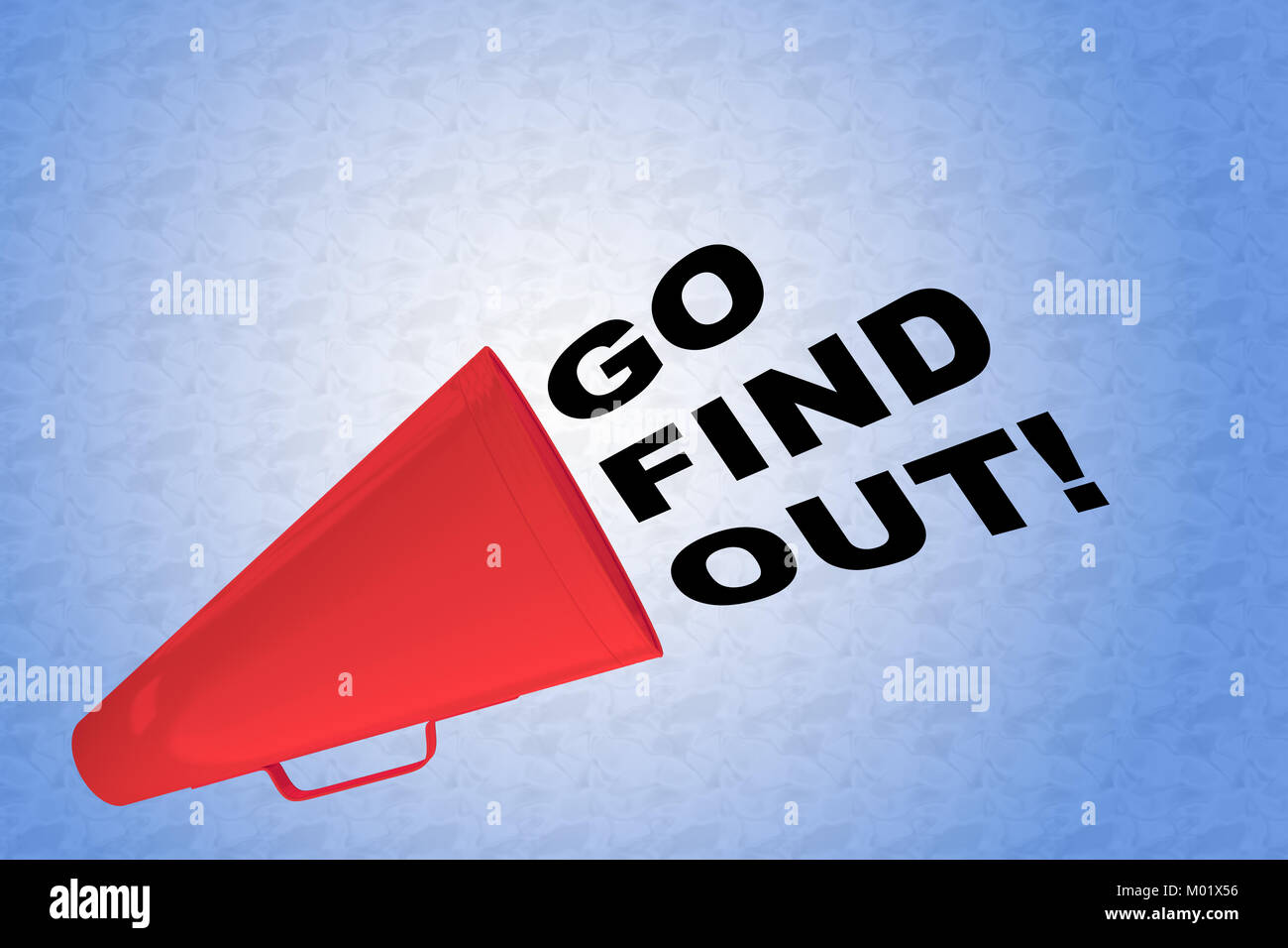 3D illustration of GO FIND OUT! title flowing from a loudspeaker Stock ...