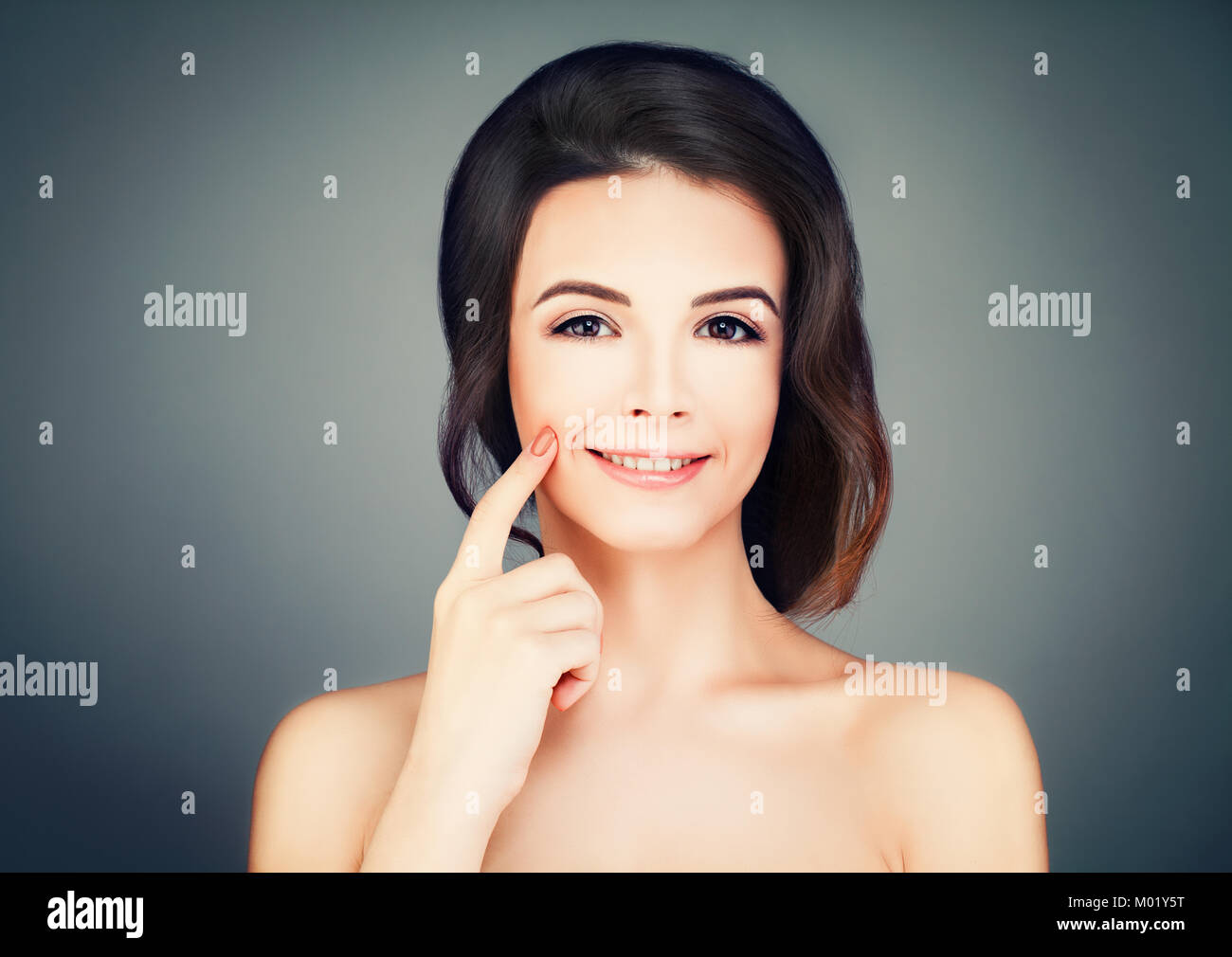 Spa Face. Young Model with Healthy Skin on Blue. Spa Beauty and ...