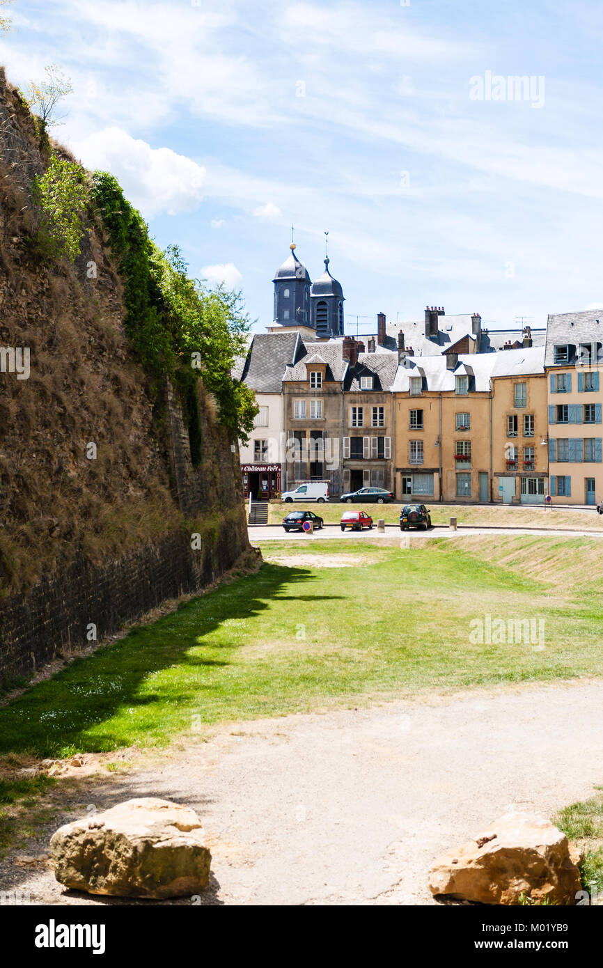 SEDAN, FRANCE - JUNE 30, 2010: castle wall and square Place du Chateau ...