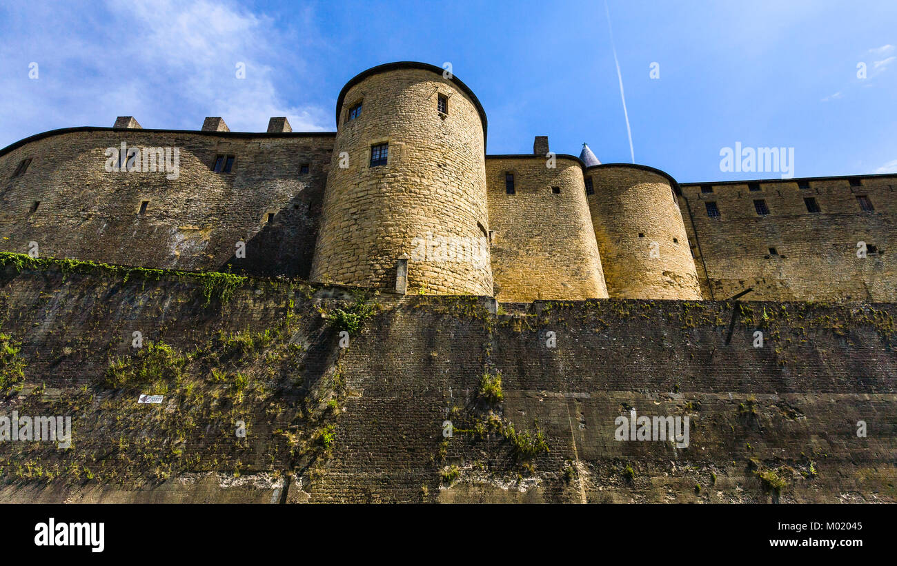 SEDAN, FRANCE - JUNE 30, 2010: bottom view of castle Chateau de Sedan ...