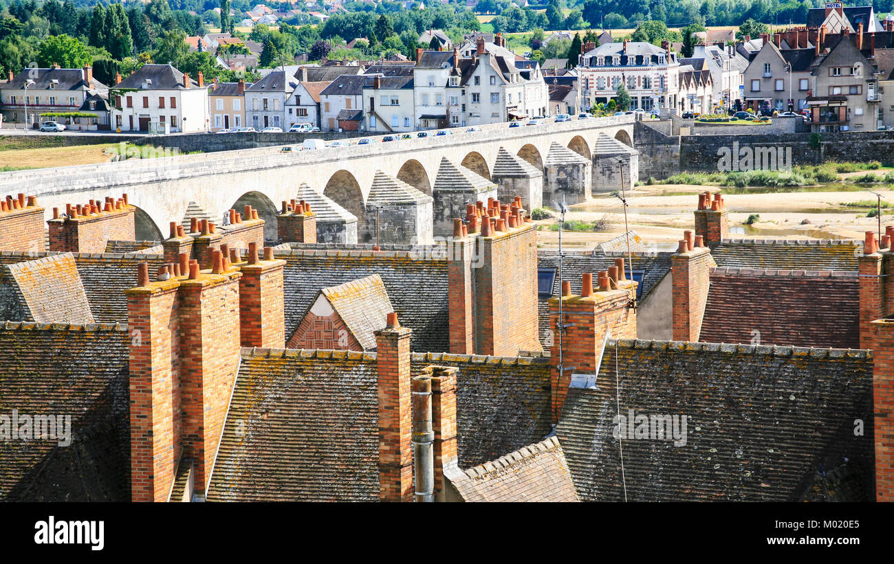 GIEN, FRANCE - JULY 9, 2010: above view of Gien town and Loire river in ...