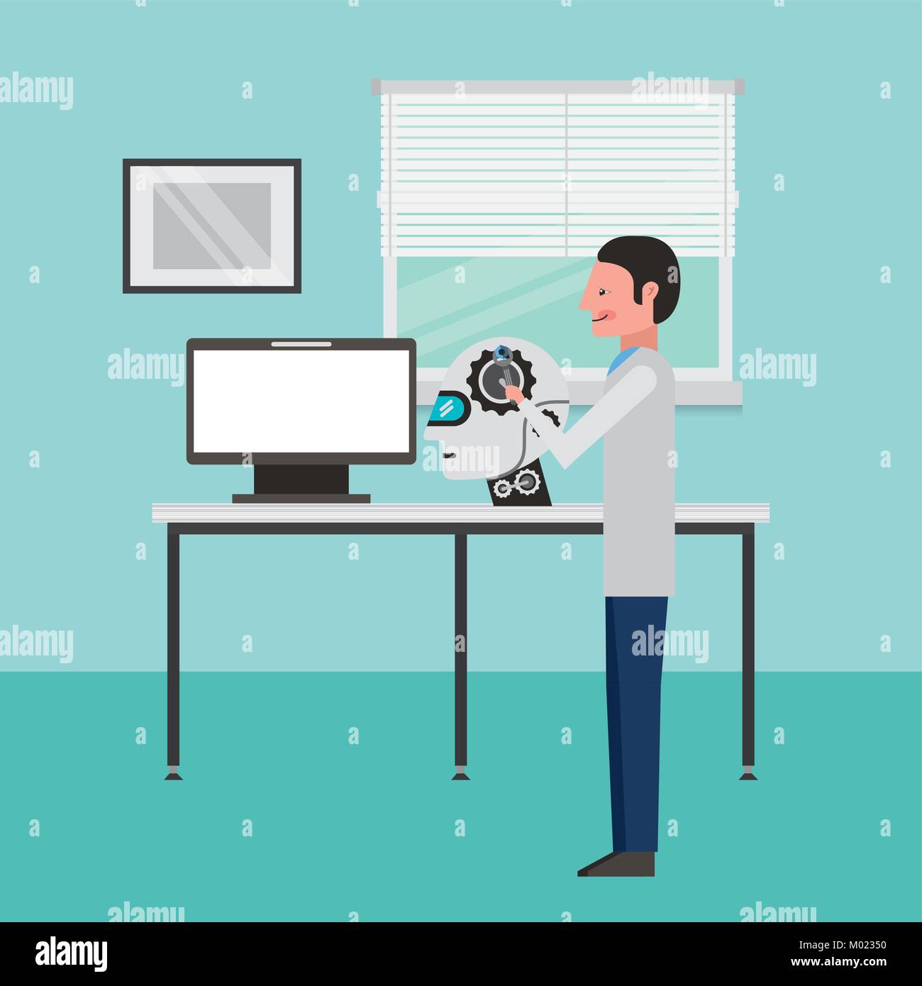 man repairing robot engineer brain settings artificial intelligence ...