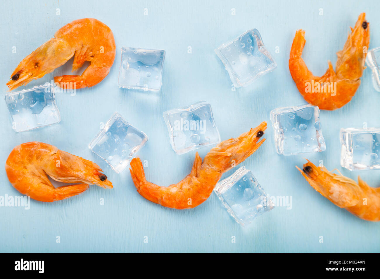 Fresh shrimp on ice on blue table, top view. Culinary seafood eating ...
