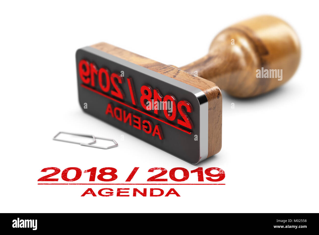 Rubber stamp and 2018 2019 agenda over white background. 3d ...