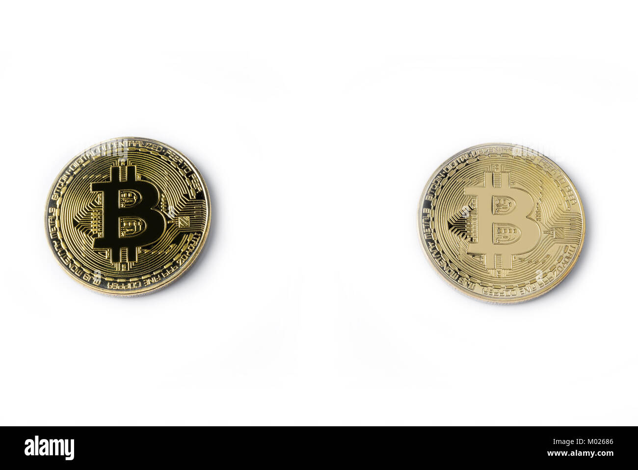 Two bitcoins - gold and silver isolated on white background. modern ...