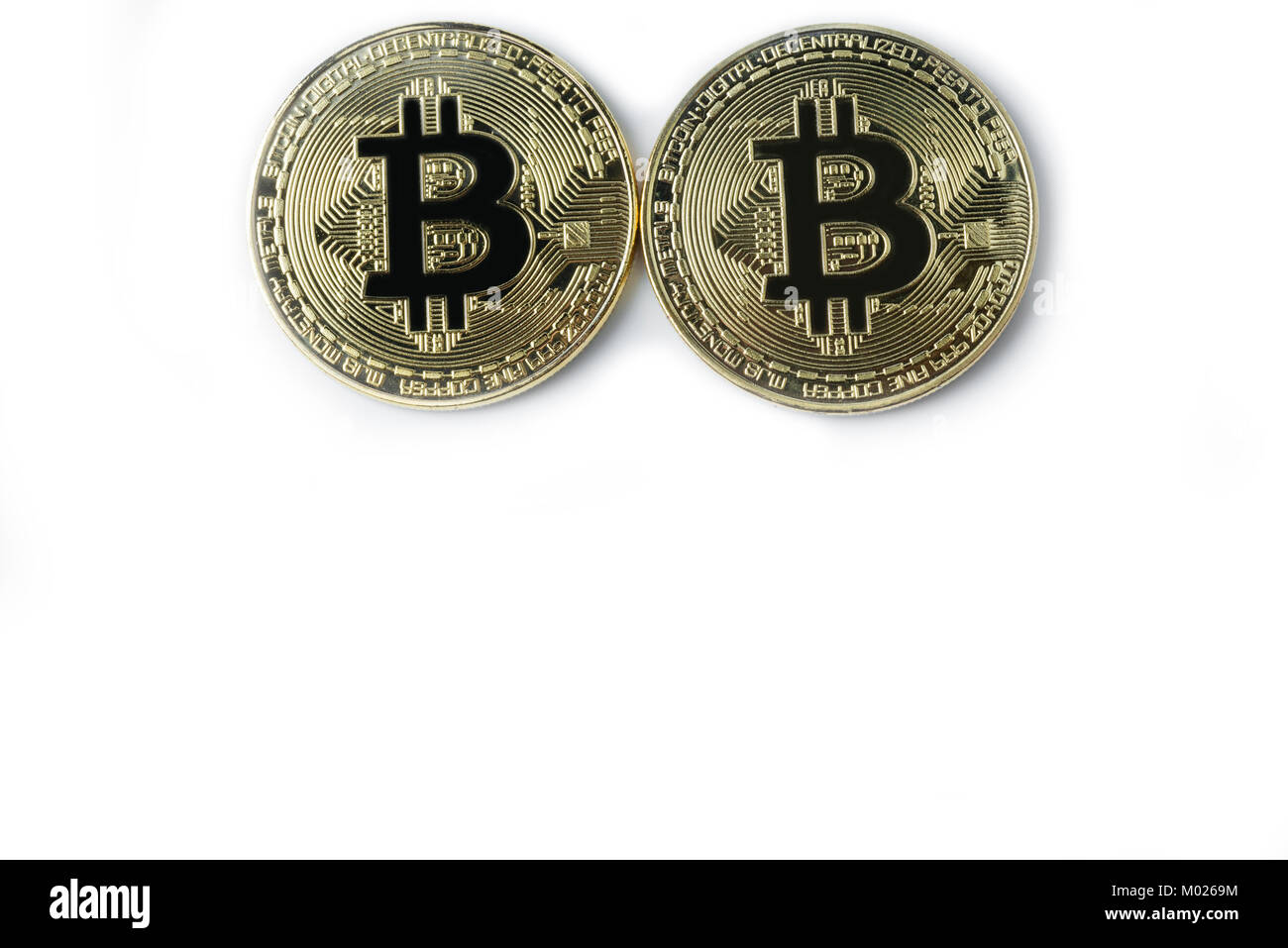 Two bitcoins - gold and silver isolated on white background. modern ...