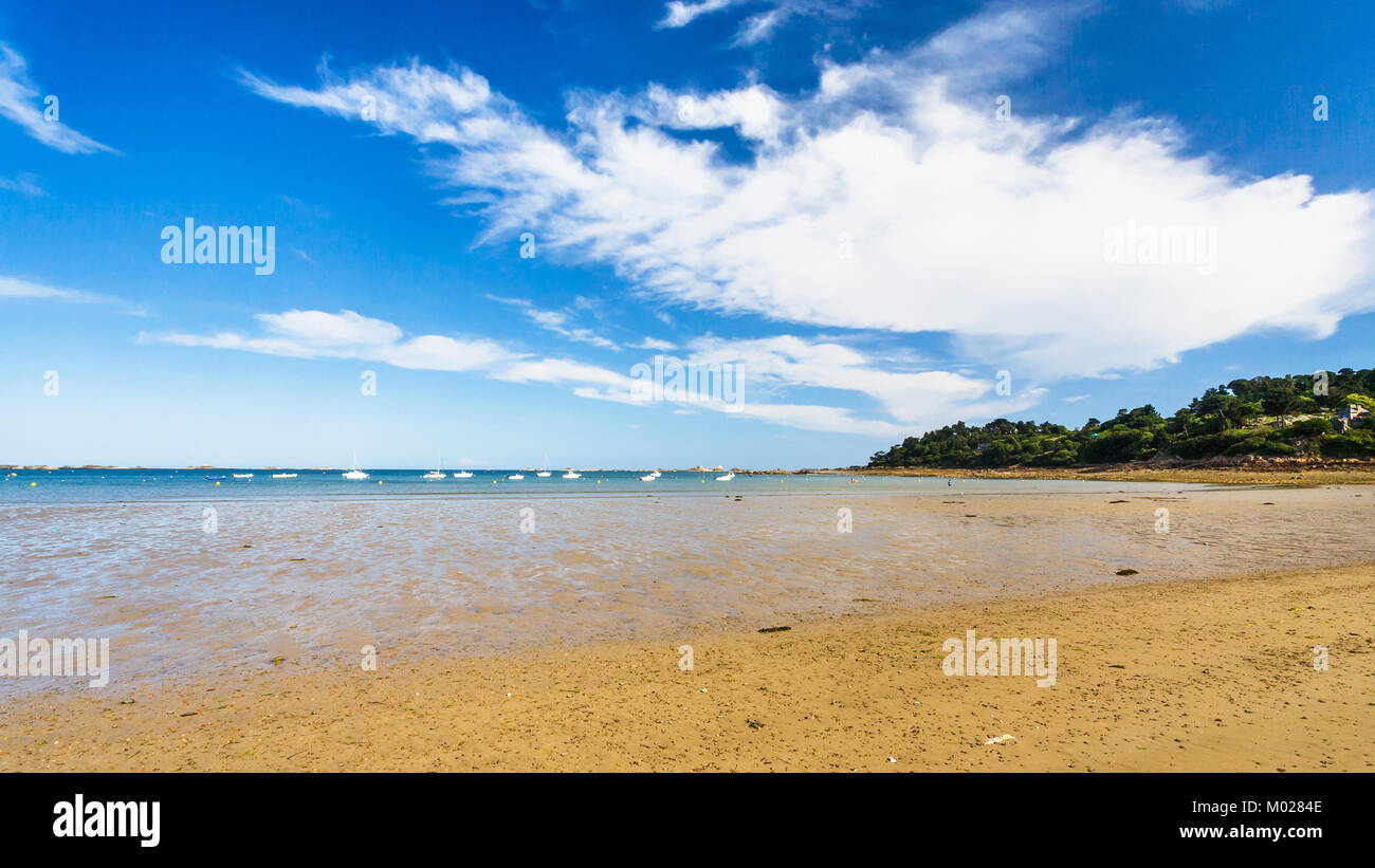 travel to France - view of sand beach Plage de la Baie de Launay on bay ...
