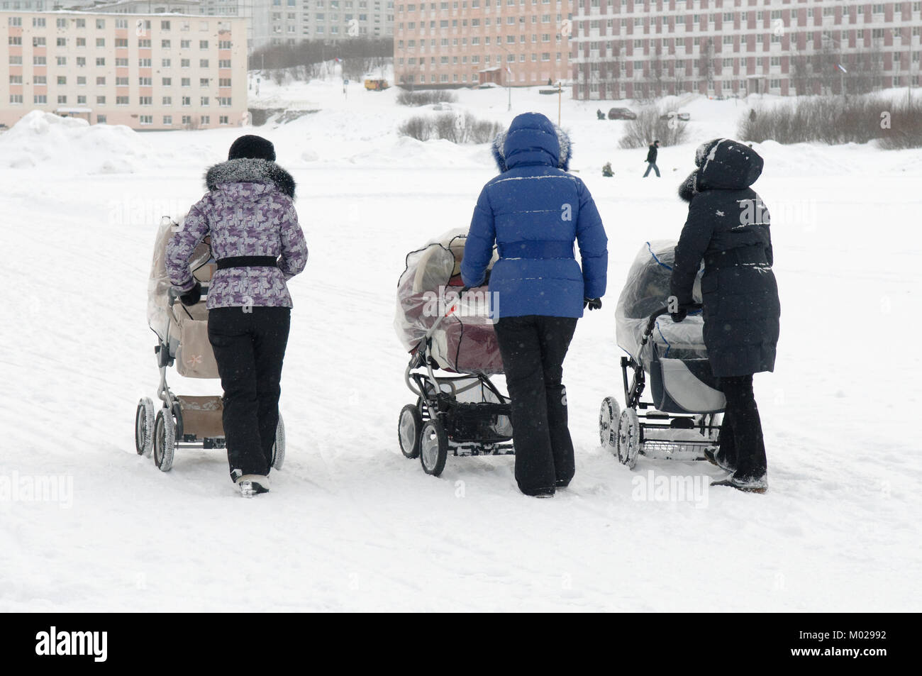 Mother walking with a stroller in the winter Stock Photo - Alamy