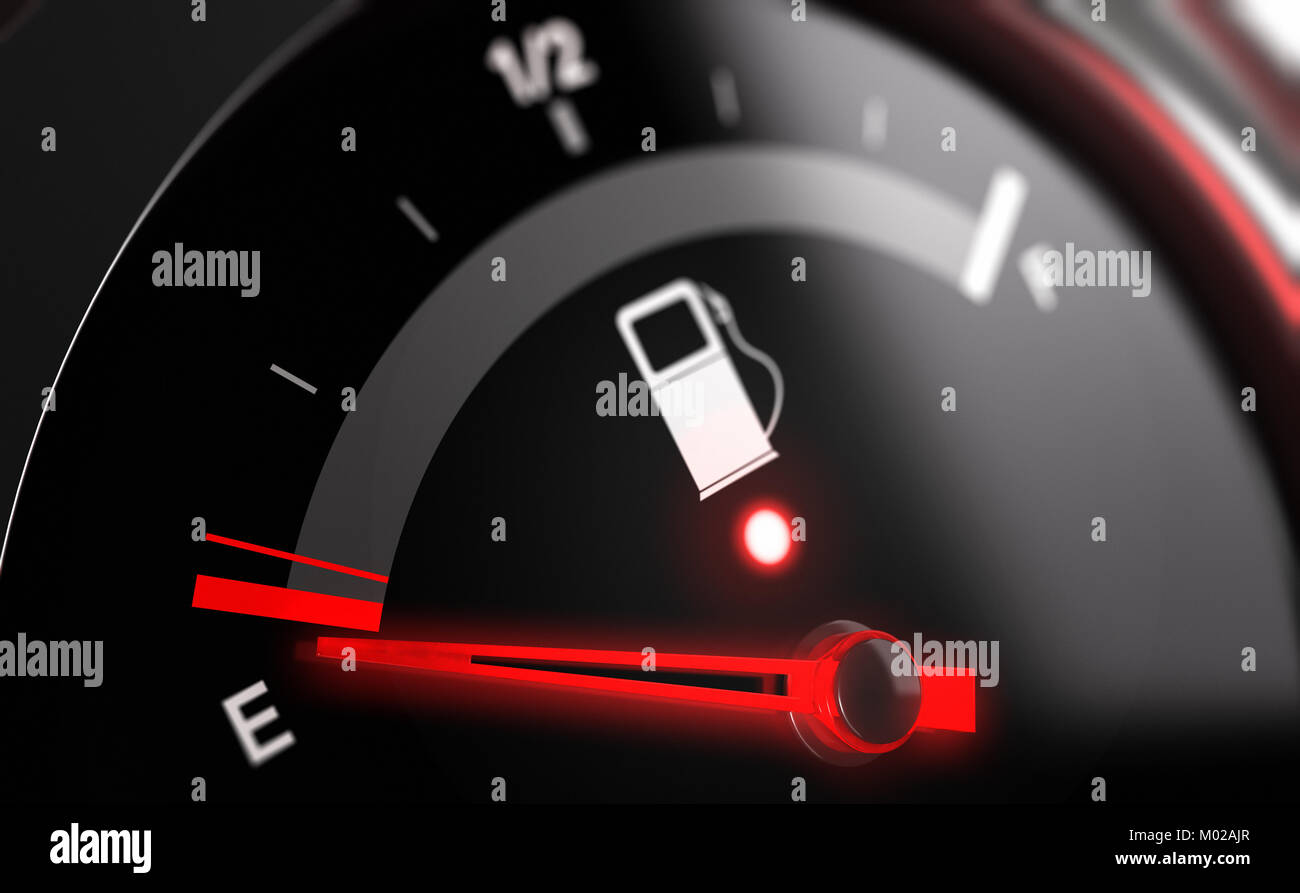 3D illustration of a fuel tank indicator with the neddle pointing the ...