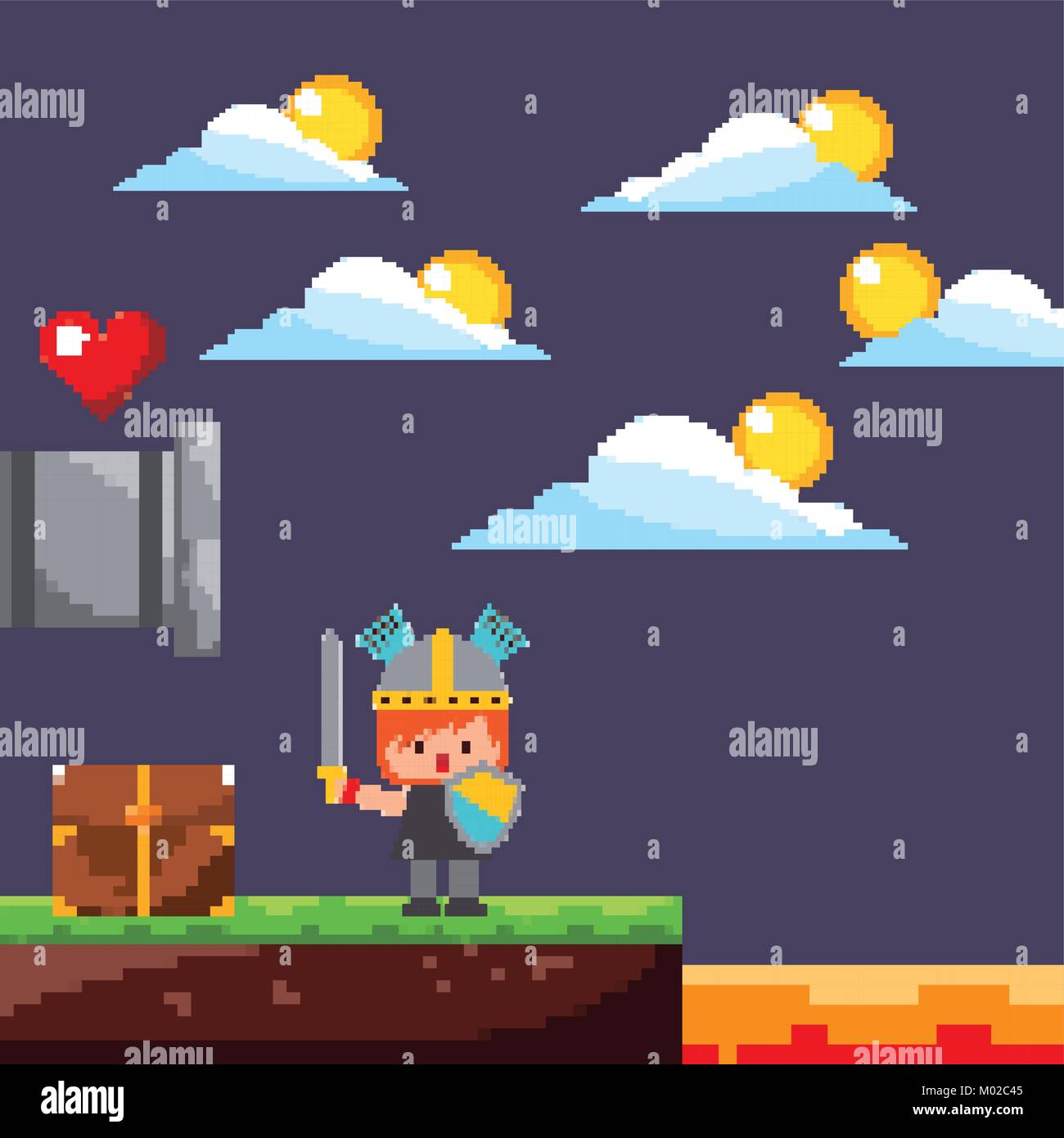 pixel game scene warrior coins life clouds treasure Stock Vector Image ...