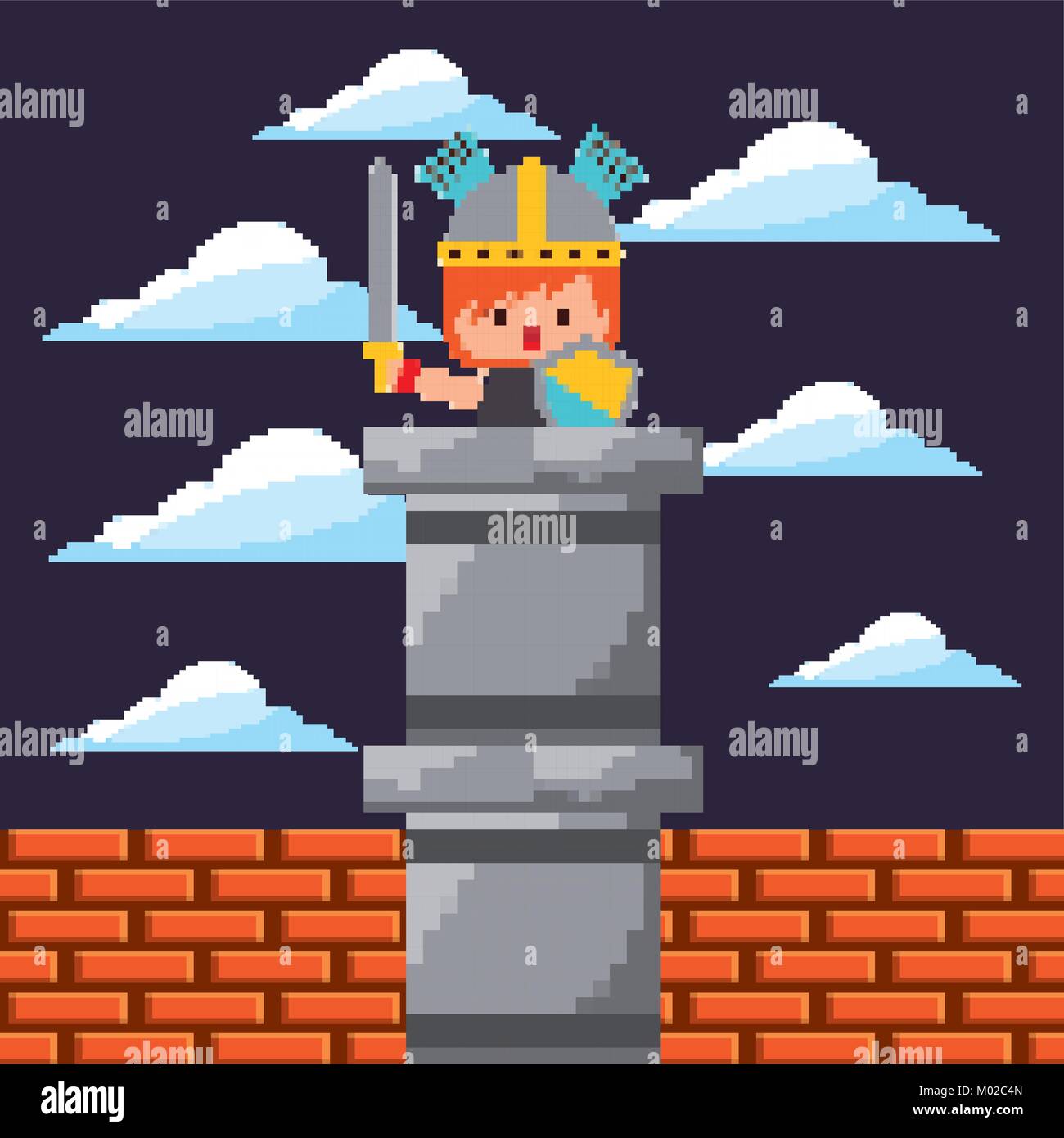 pixel game digital warrior character sword and shield night landscape ...