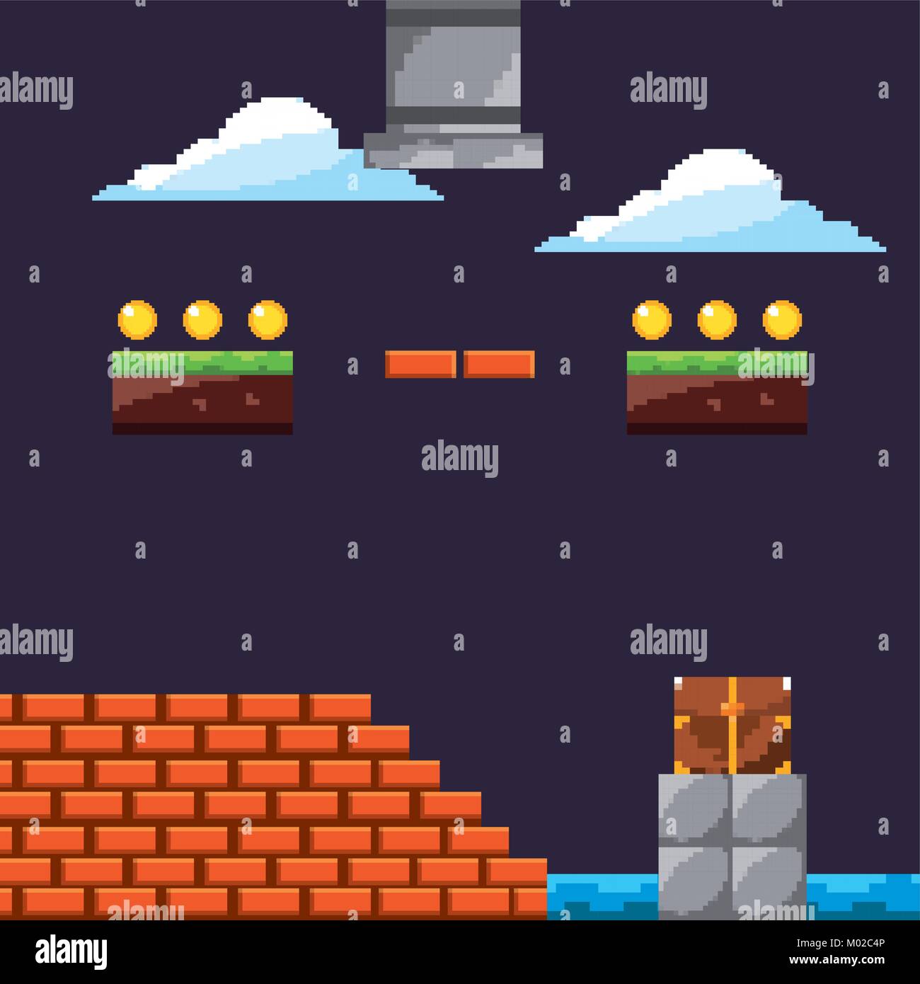 pixel game level with cloud coins brick wall Stock Vector Image & Art ...