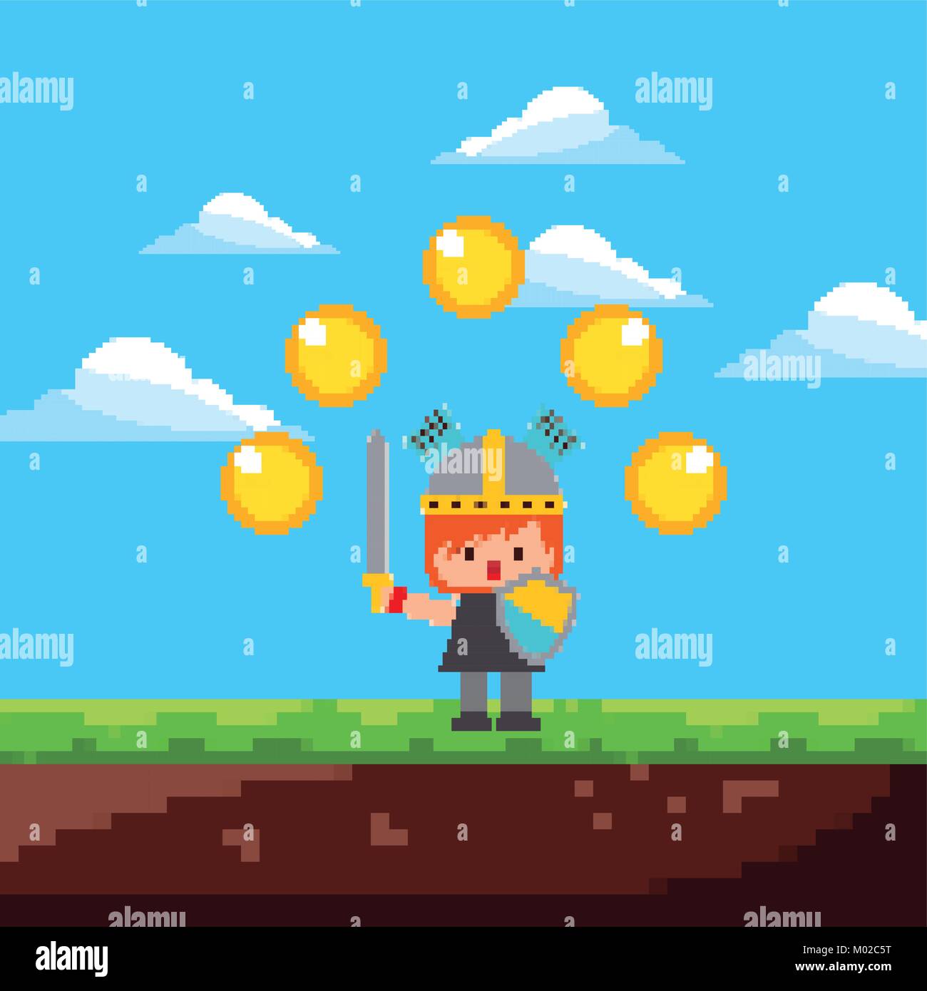 pixel game knight character gold coins and landscape Stock Vector Image ...