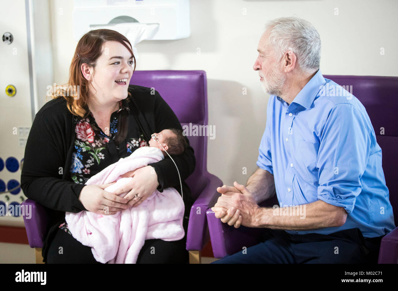 Labour leader Jeremy Corbyn meets Ayesha Flannery and her two week old ...