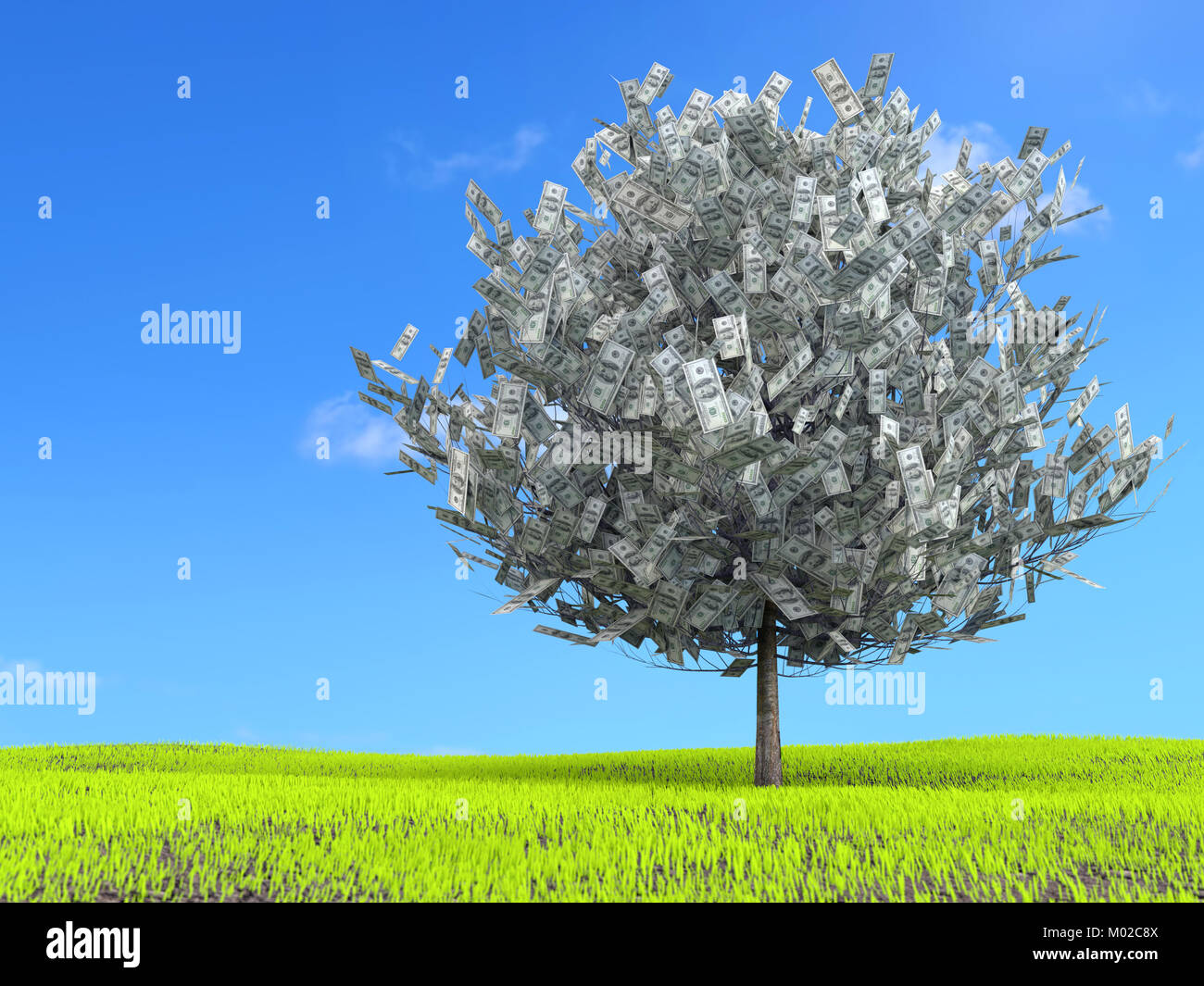 3D rendering of one hundred dollar tree growing on green grass meadow ...