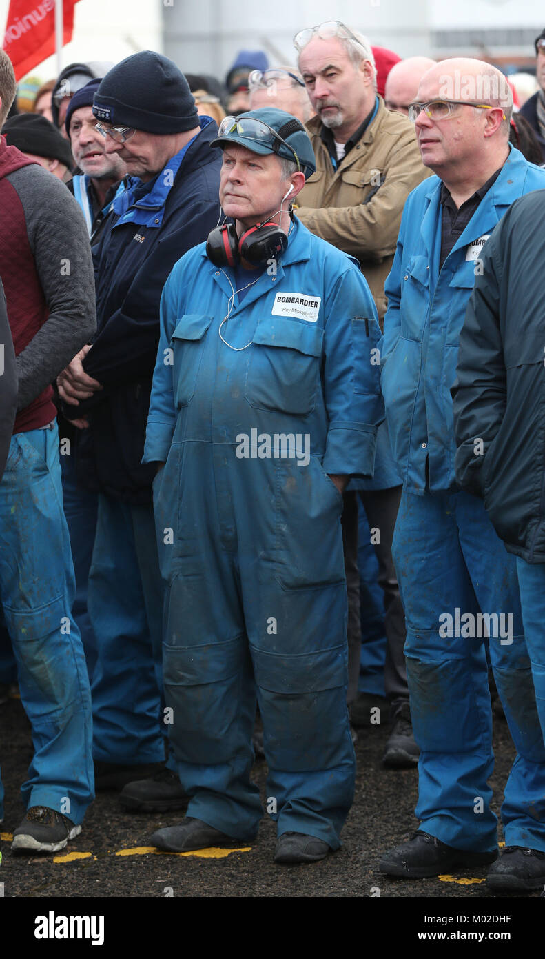 Bombardier workers in Belfast gather for a rally at the factory gates ...