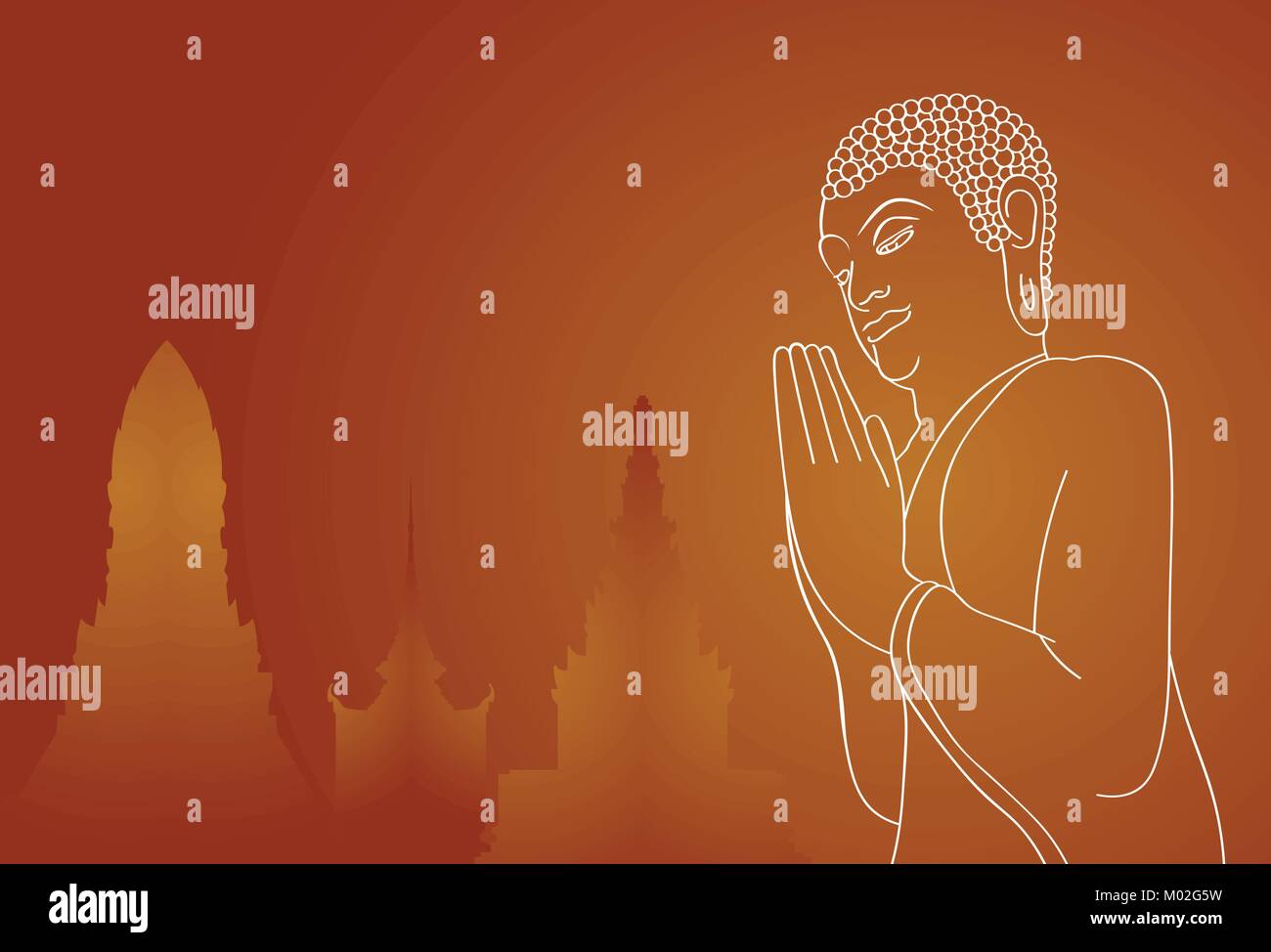 Silhouette of pray Buddha and temples on orange background. Vector ...