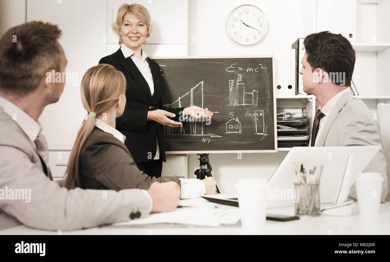 Successful smiling business woman presenting new business strategy to ...