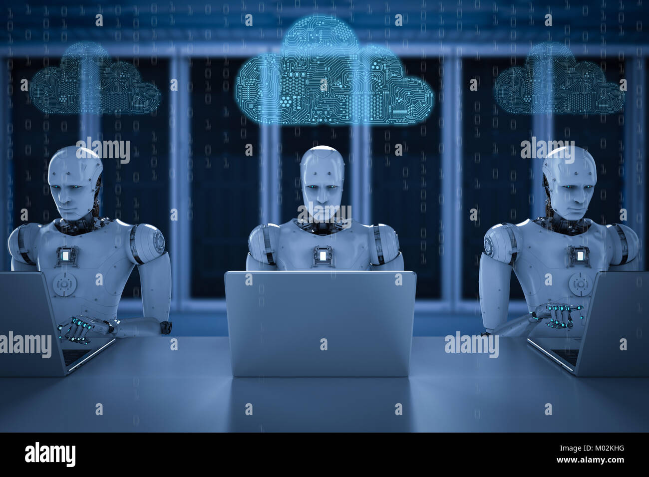 3d rendering circuit cloud with humanoid robot in server room Stock ...