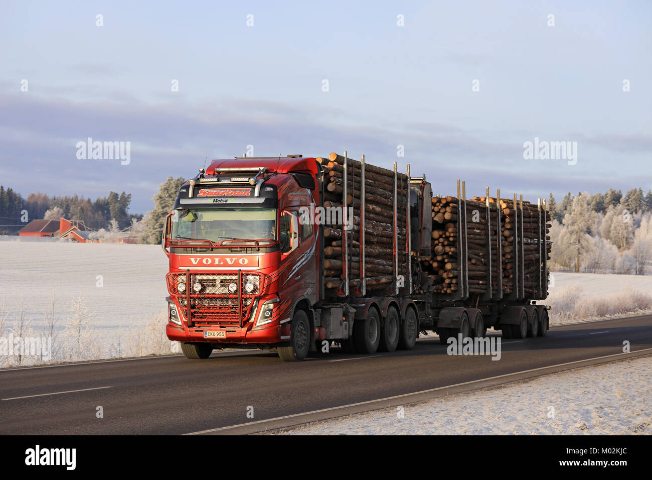 SALO, FINLAND - JANUARY 12, 2018: Red Volvo FH16 logging truck of ...