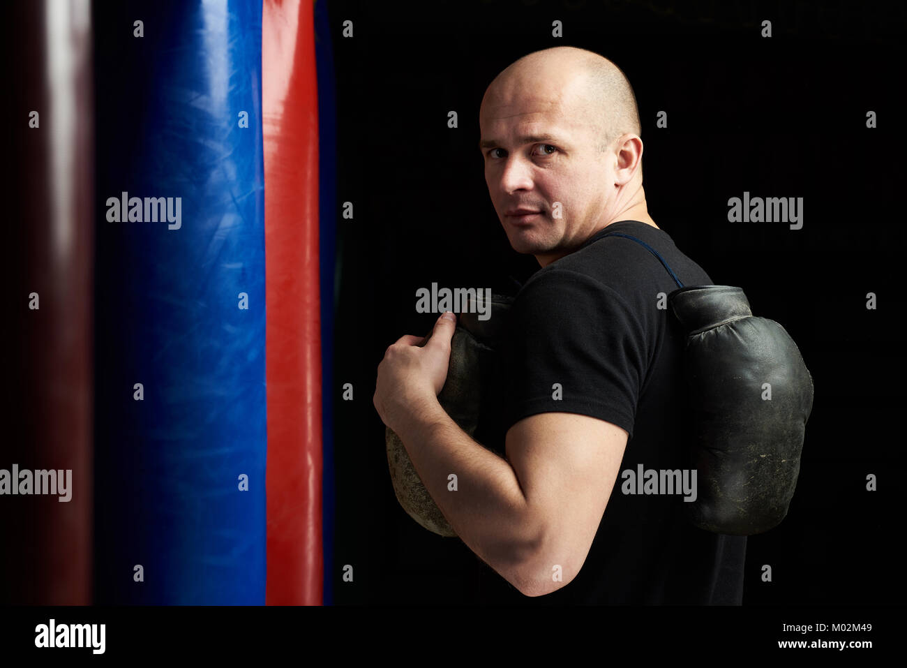Portrait of bold boxer with grungy gloves hanging on shoulder Stock ...