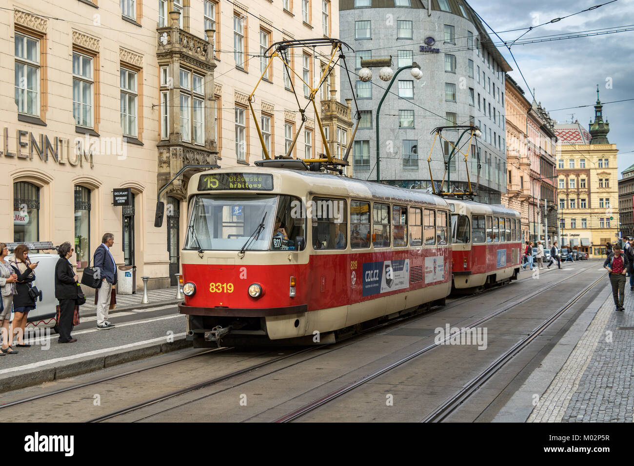 A Tatra T3R.P tram makes it's way through the streets of Prague, Prague ...