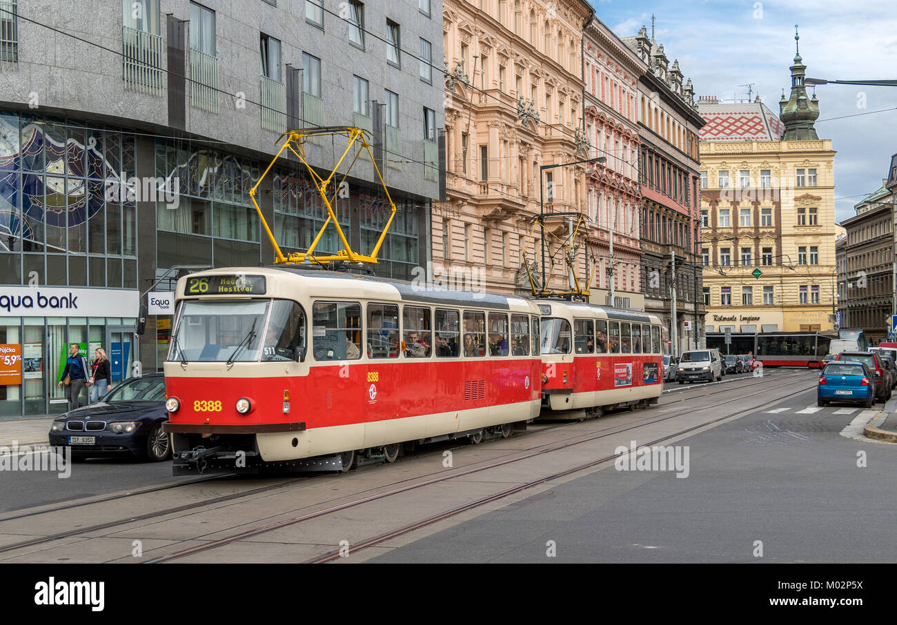 A Tatra T3R.P tram makes it's way through the streets of Prague, Prague ...
