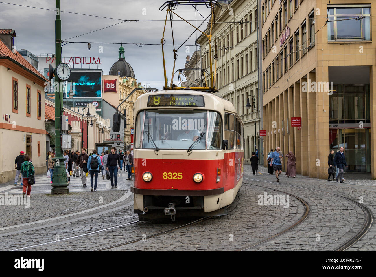 A Tatra T3R.P Tram makes it's way through the cobbled streets of Prague ...
