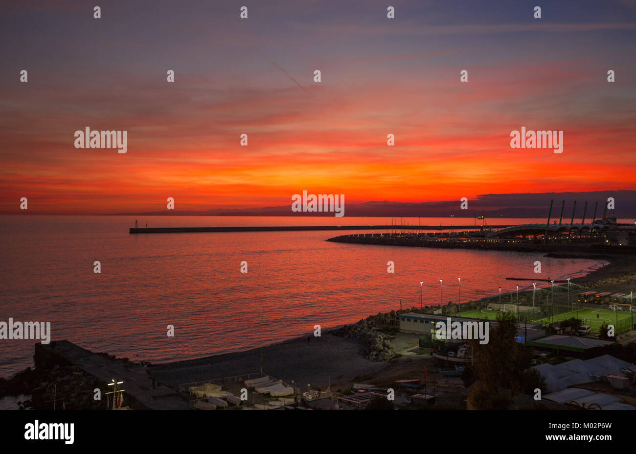 Beautiful and colorful sunset in Genoa (Genova), Ligurian coast ...