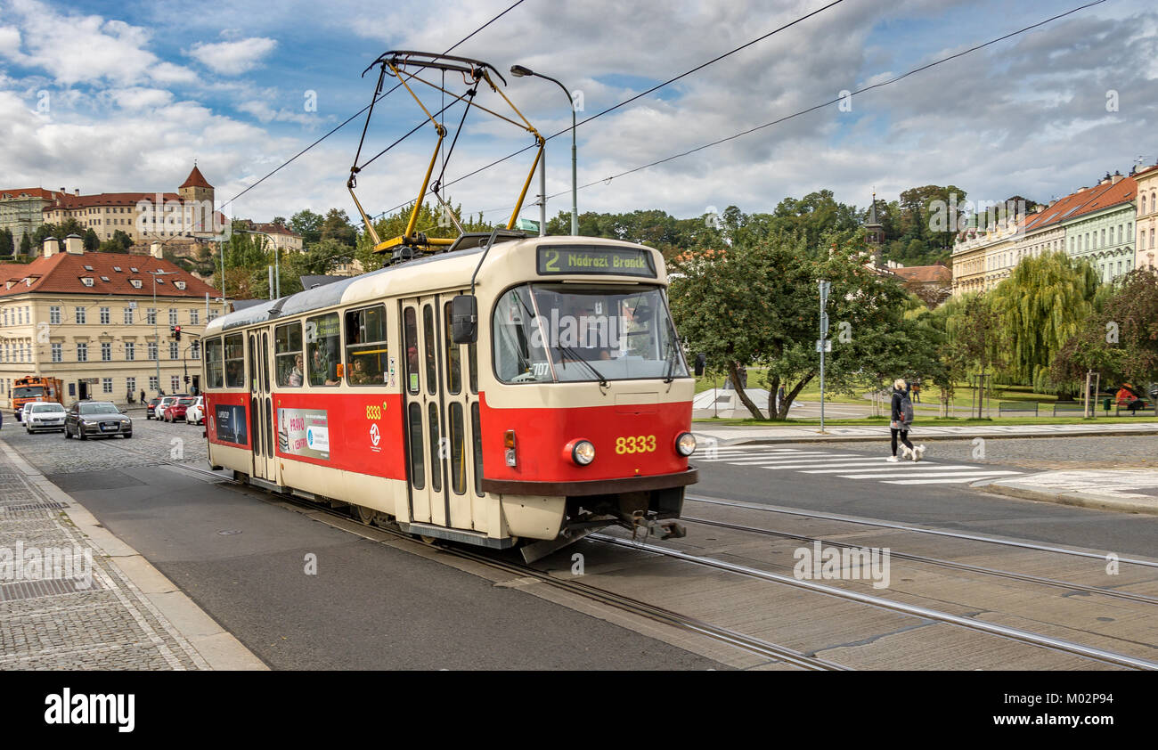 A Tatra T3R.P tram makes it's way through the streets of Prague,Czech ...