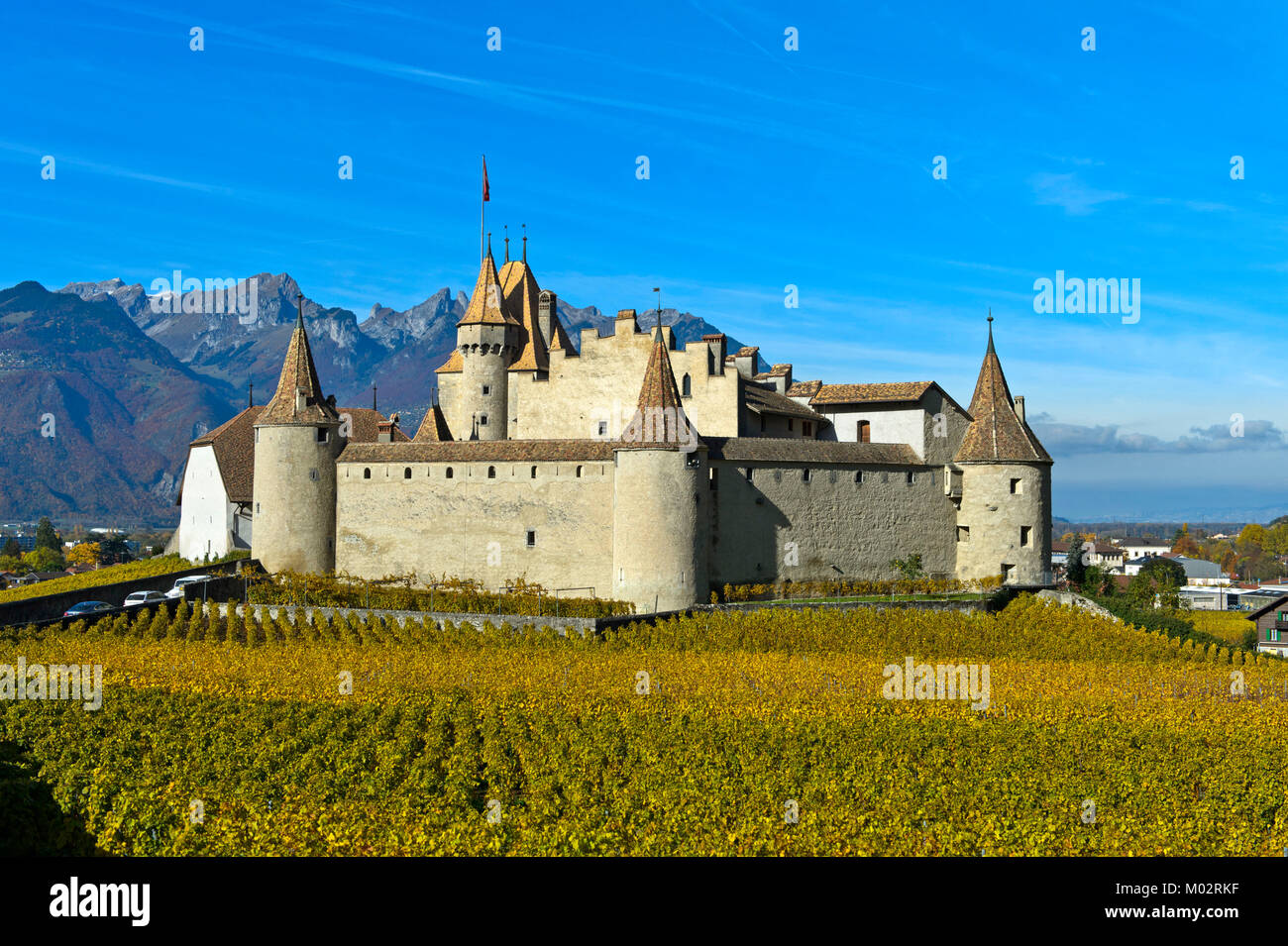 Chateau d'Aigle, a castle in the middle of vines in the canton of Vaud ...