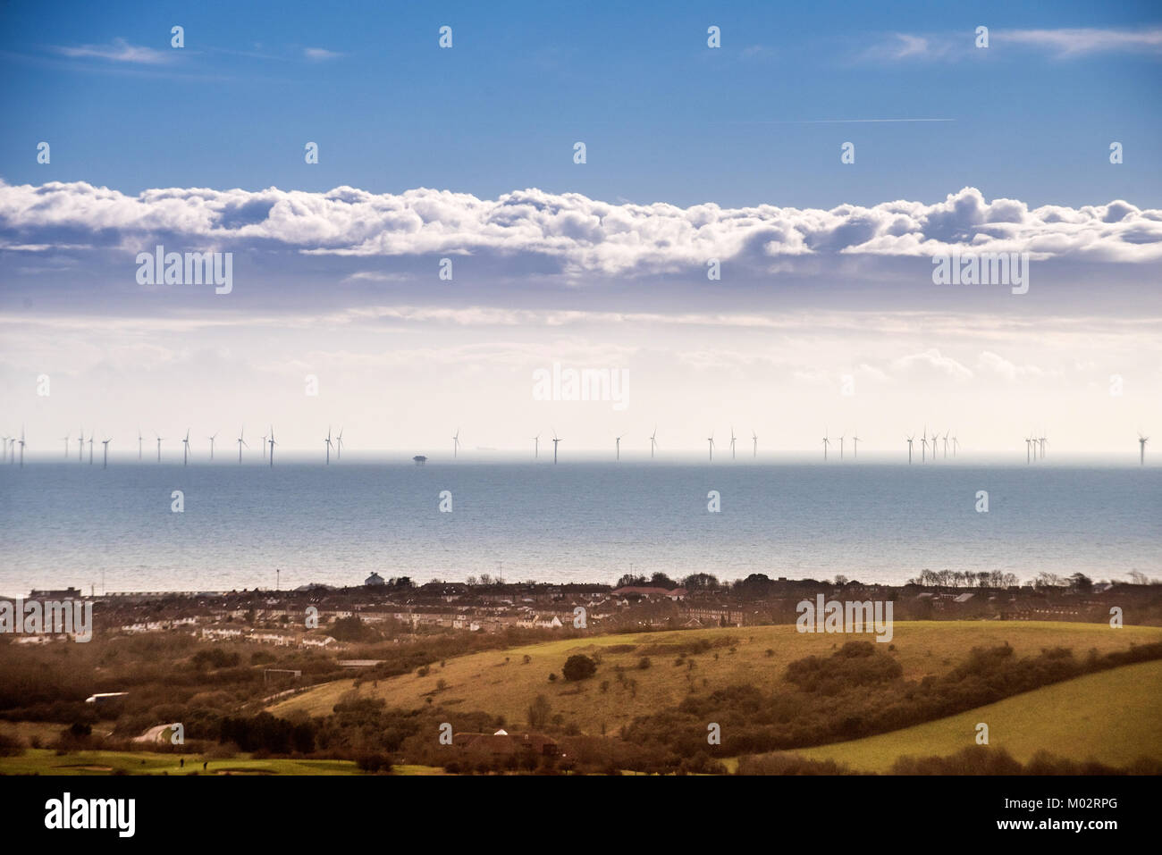 The recently-opened Rampion Wind Farm off the coast near Brighton, East ...