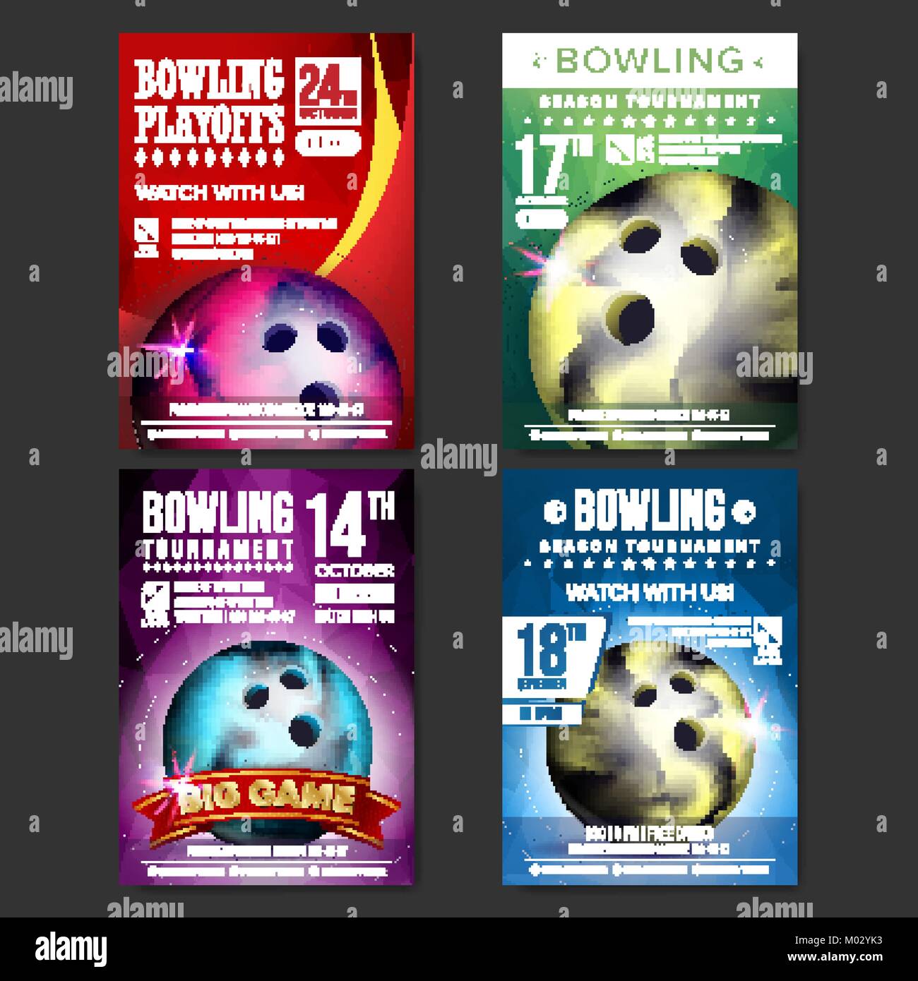 Bowling Poster Set Vector. Design For Sport Bar Promotion. Bowling Ball ...