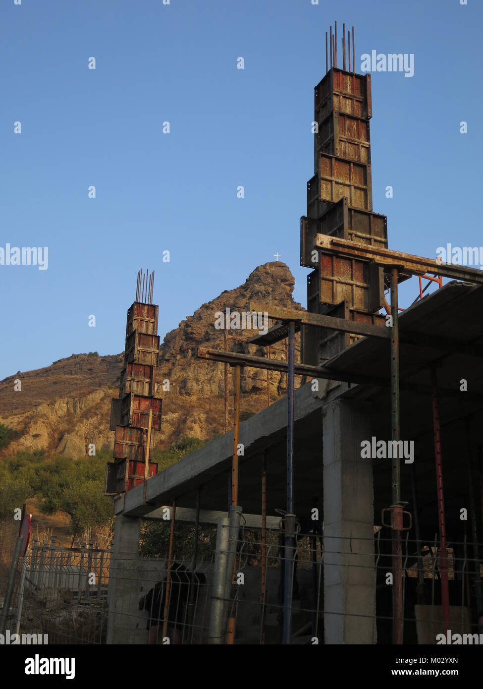 Shuttering on concrete pillar on new build in Spanish village Stock ...
