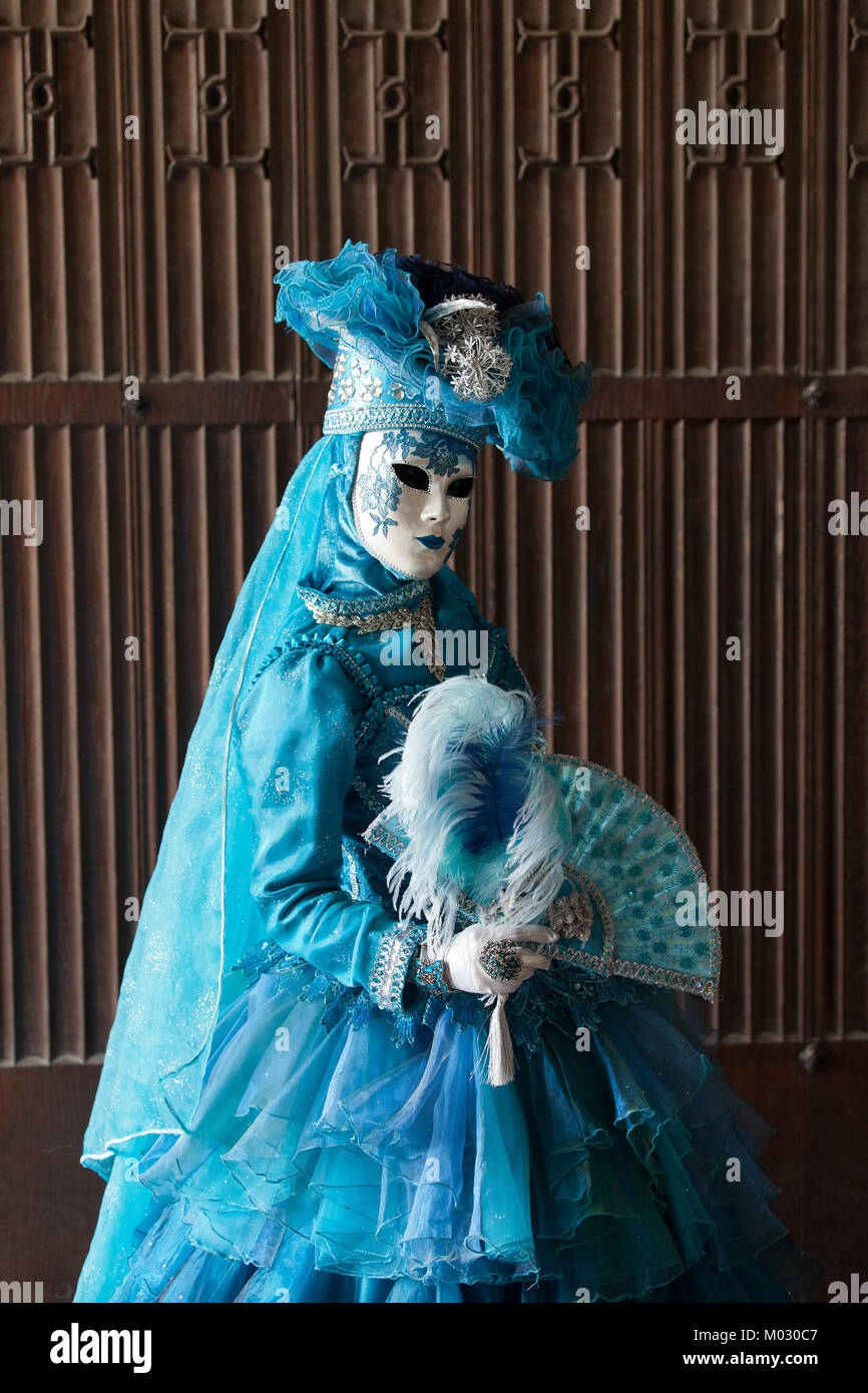The blue lady in the carnivalesque costume and venetian mask Stock ...