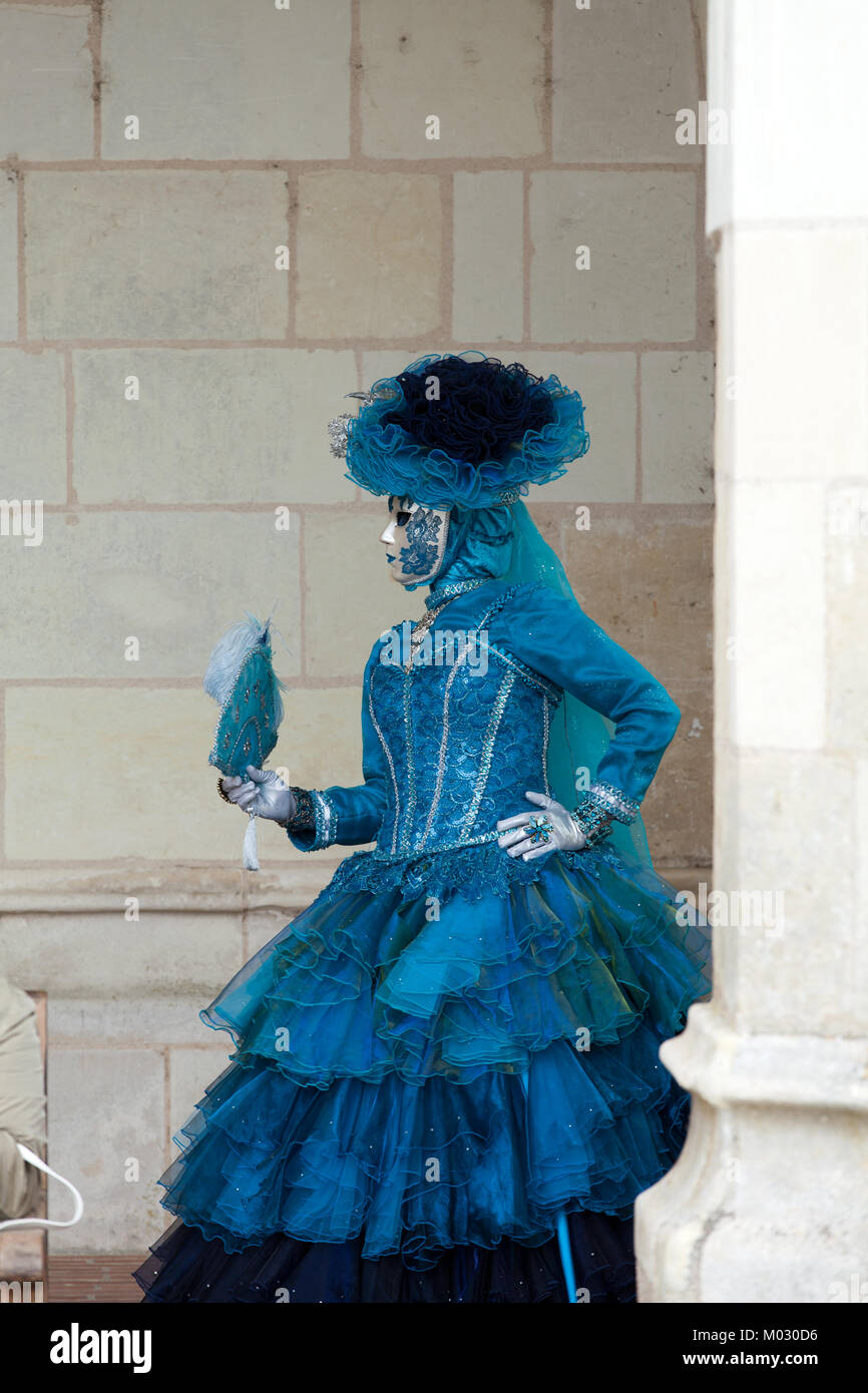 The blue lady in the carnivalesque costume and venetian mask Stock ...