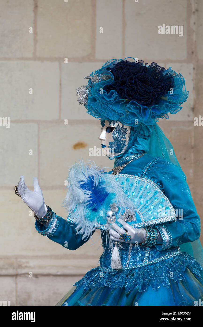 The blue lady in the carnivalesque costume and venetian mask Stock ...