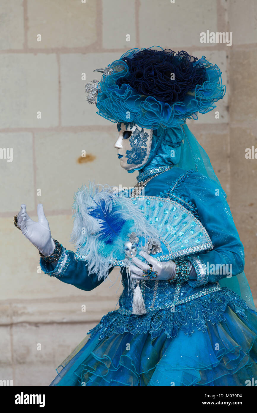 The blue lady in the carnivalesque costume and venetian mask Stock ...