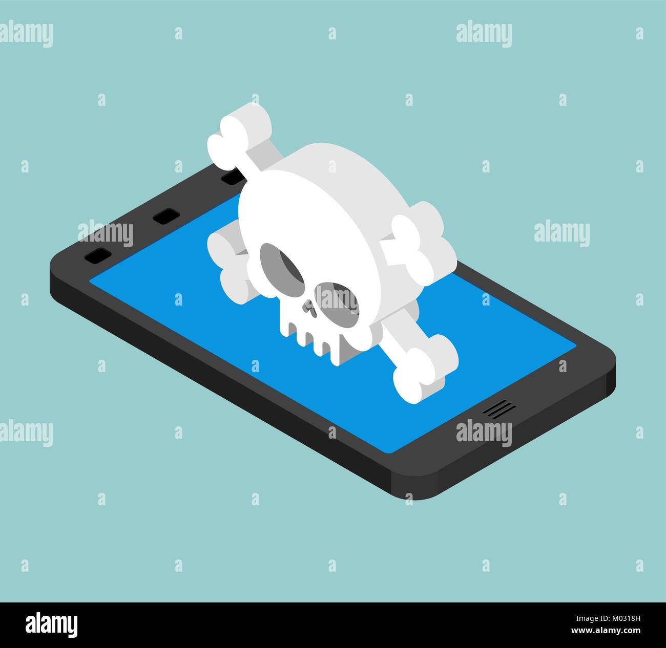 Virus in smartphone. Cyber attack on phone. Skull on screen. Blocked ...