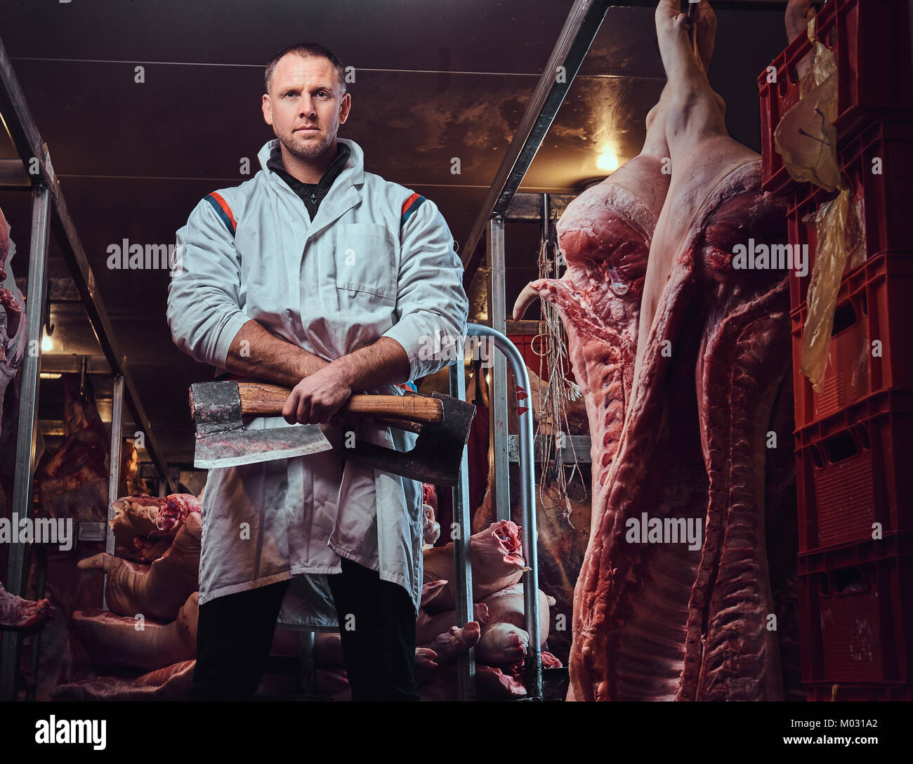 The butcher in a meat factory Stock Photo - Alamy