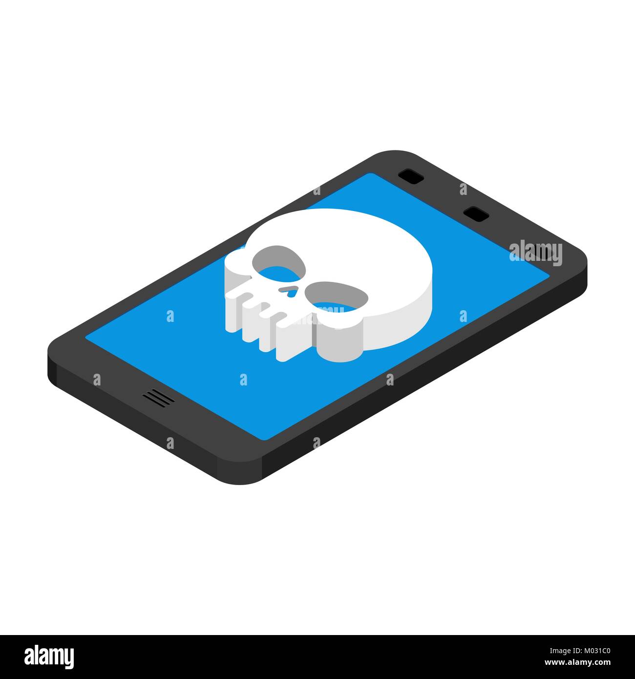 Virus in smartphone. Cyber attack on phone. Skull on screen. Blocked ...