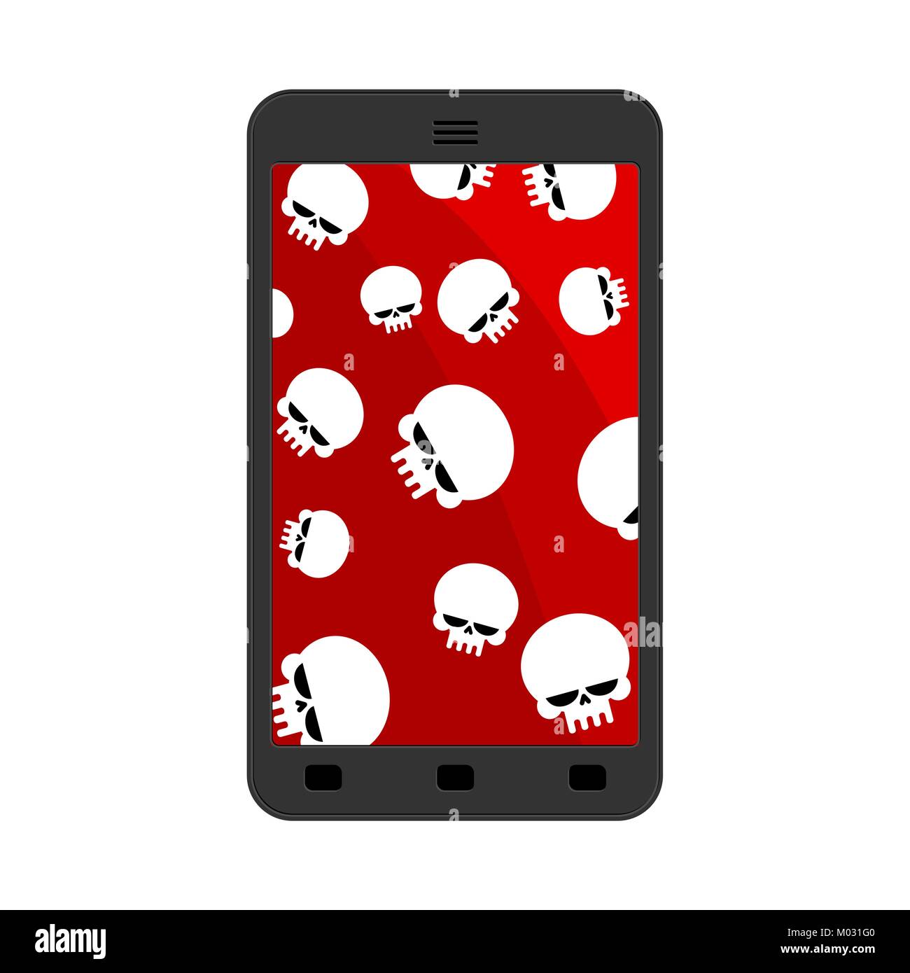 Virus in smartphone. Cyber attack on phone. Skull on screen. Blocked ...