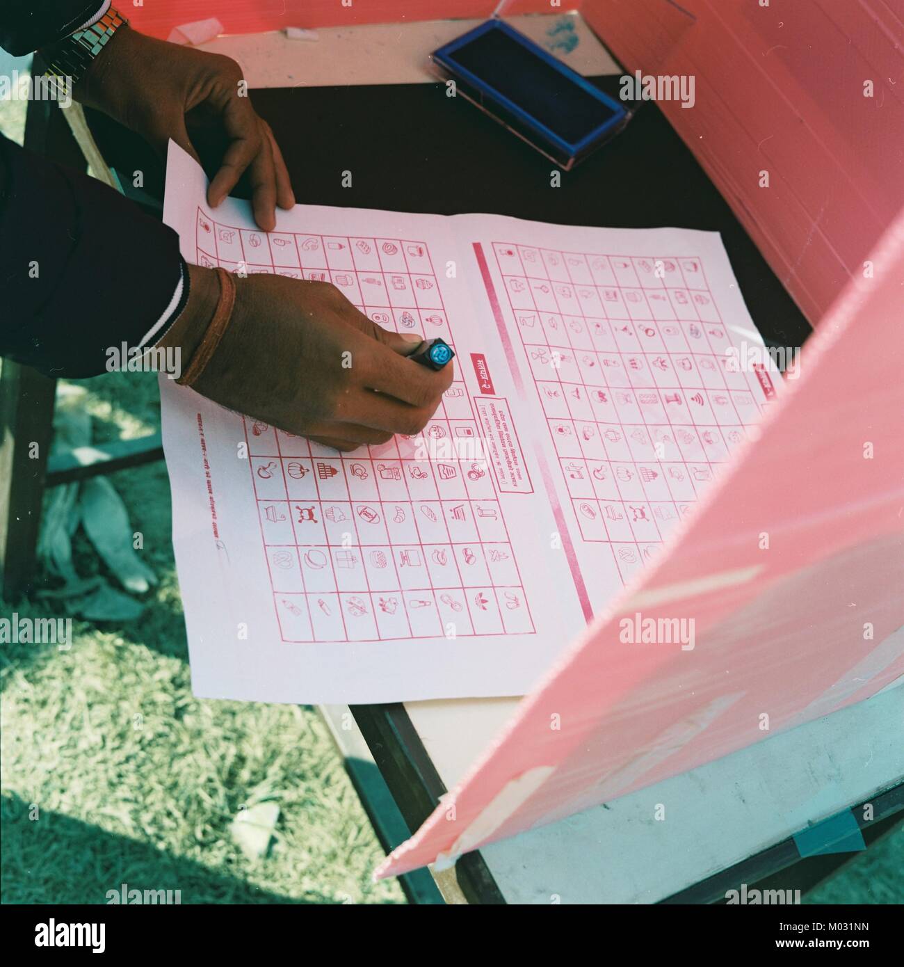 An elector uses a traditional swastika stamp to cast a vote in a voter ...