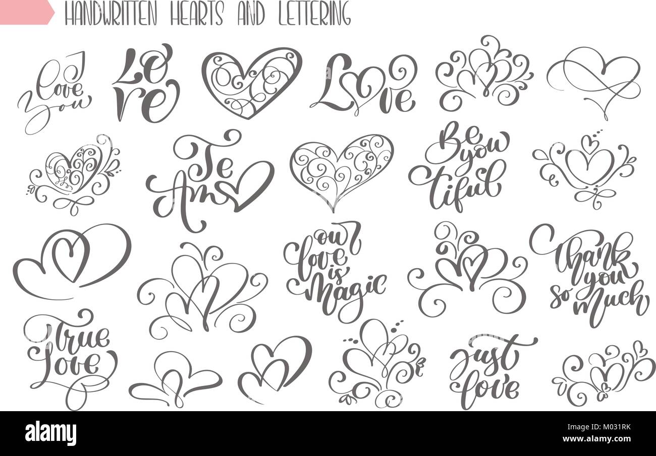 Big set hand written lettering about love to valentines day and heart ...