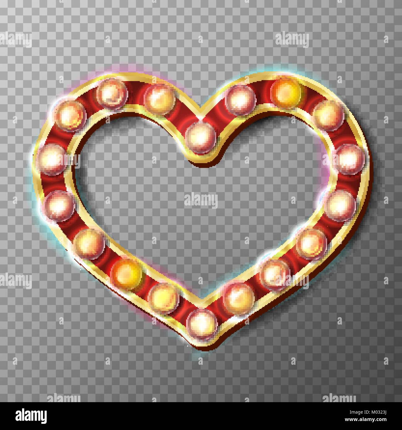 Golden Heart Frame Sign Vector. Glowing Light Bulbs. Isolated On ...
