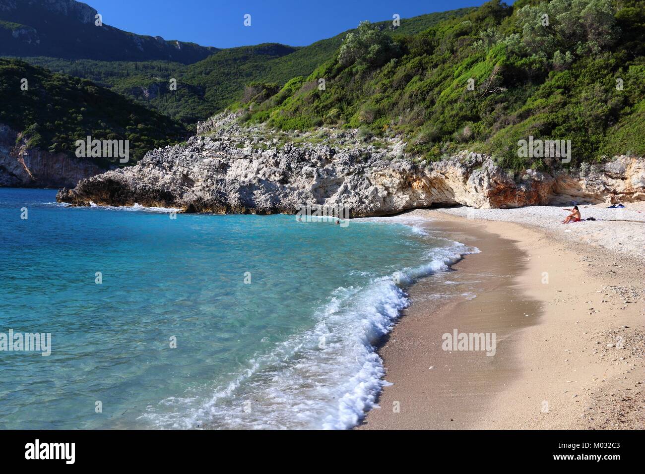 Corfu beach - Greece island nature. Rovinia beach in Liapades Stock ...