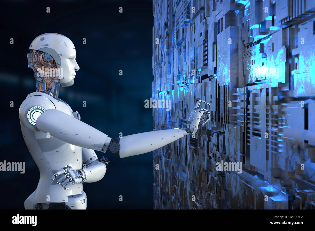 3d rendering android robot with metallic wall background Stock Photo ...